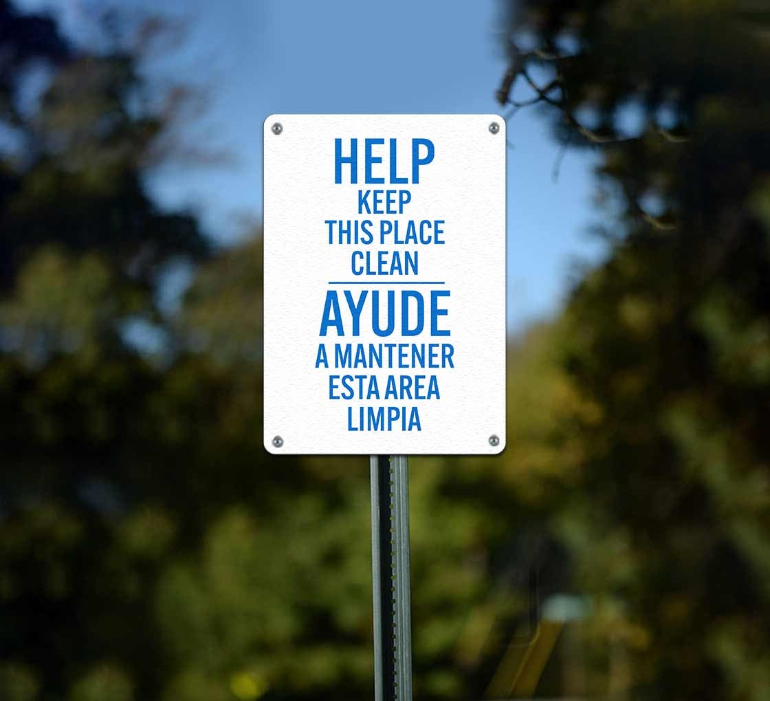 Bilingual Help Keep This Place Clean Plastic Sign