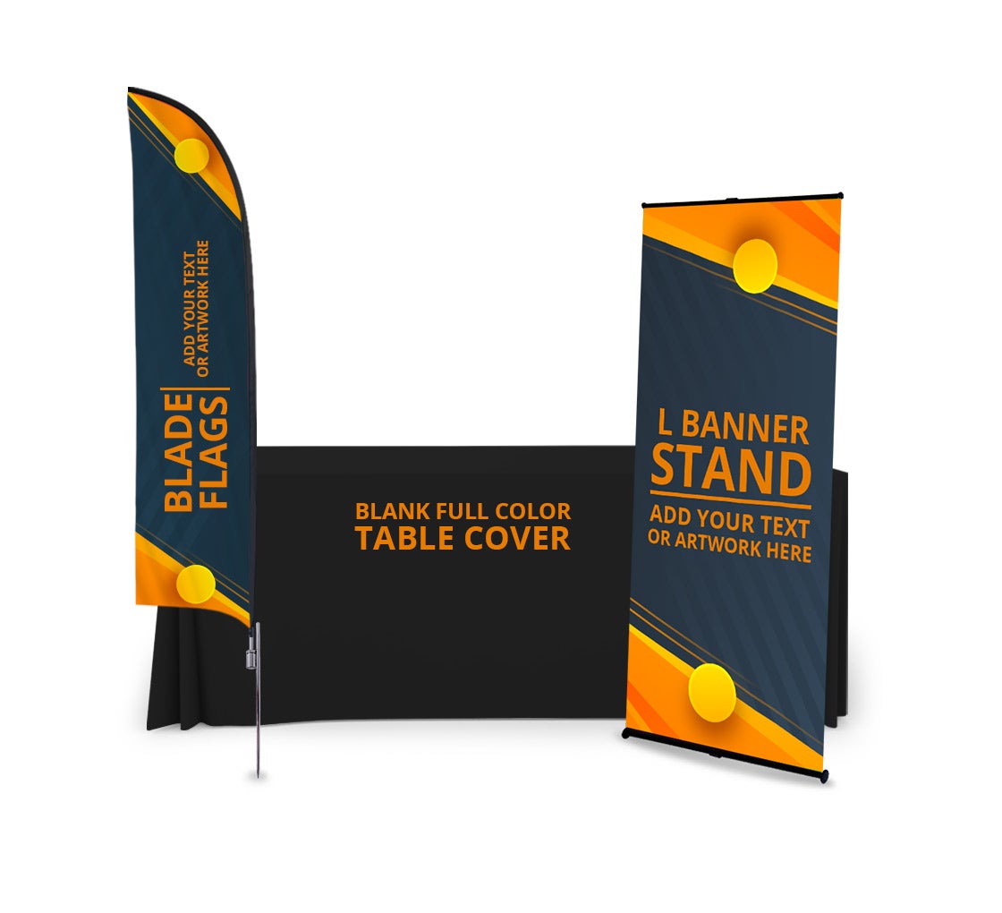 Economy Display Package | Pleated Table Cover, Blade Flags & L Banner Stand