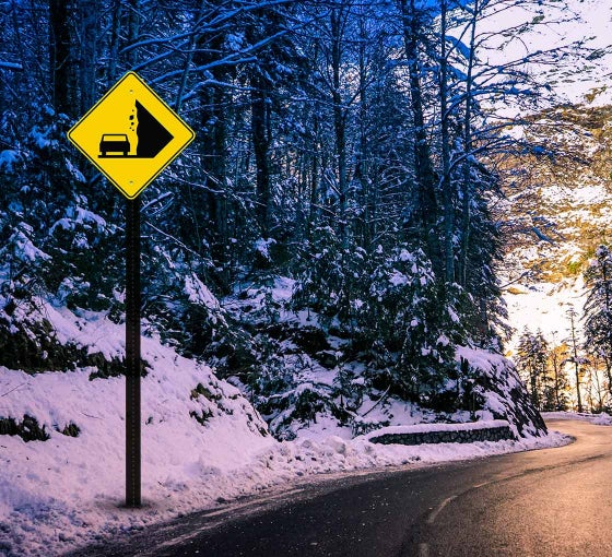 Falling Rocks Snow Or Ice Ahead Aluminum Sign (Non Reflective)