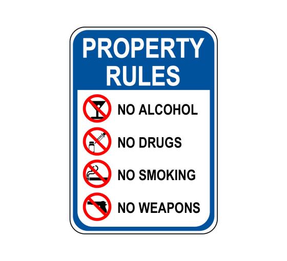 Premium quality Property Rules Sign - Alcohol-Weapon-Drug Free | Bannerbuzz